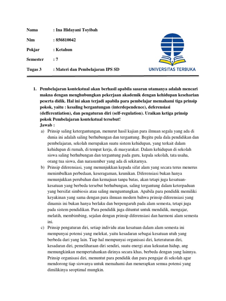 Tugas Tutorial Ke 3 Materi Dan Pembelajaran IPS SD. INA HIDAYANI TOYIBAH | PDF