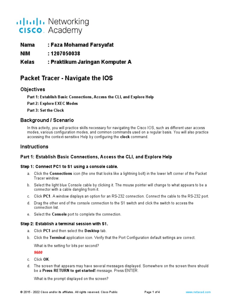 2.3.7 Packet Tracer - Navigate The Ios - 1207050038 - Faza Mohamad Farsyafat | PDF | Command ...