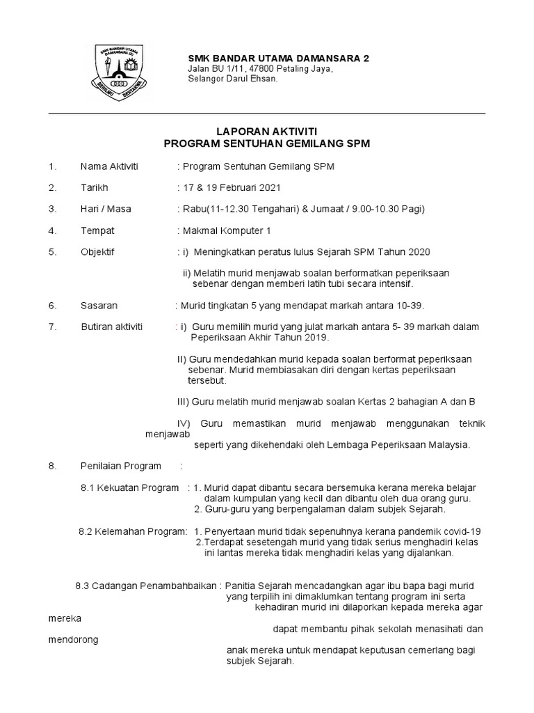 Laporan Program Sentuhan Gemilang SPM 2020 | PDF
