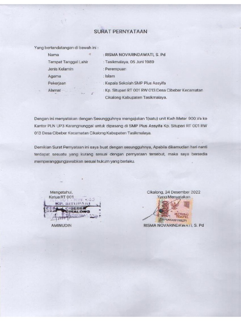 Surat Pernyataan KWH PLN | PDF