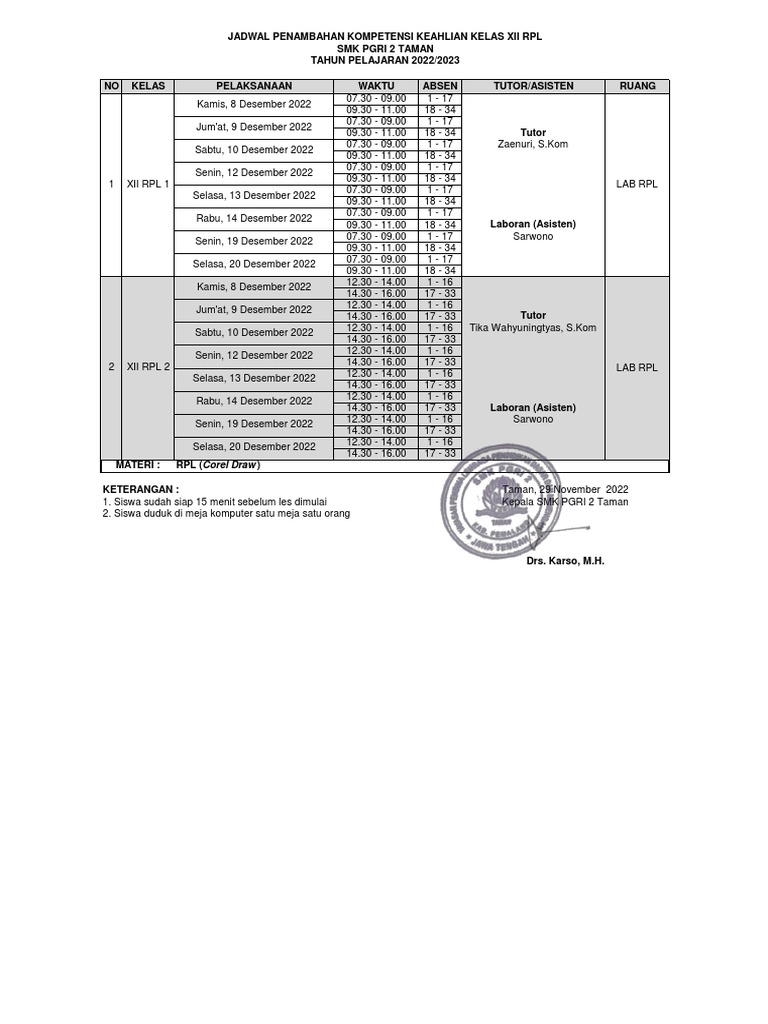 Jadwal Les Komputer Kelas Xii RPL 2022 | PDF