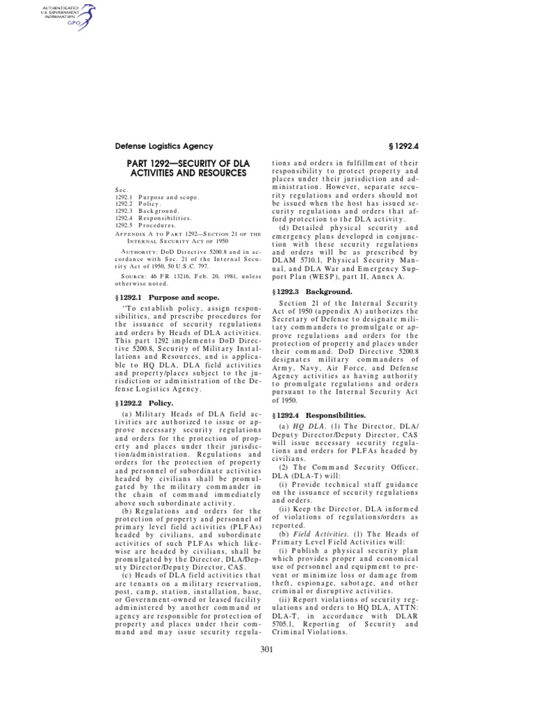 DLA Security Regulations Overview | PDF | United States Department Of ...