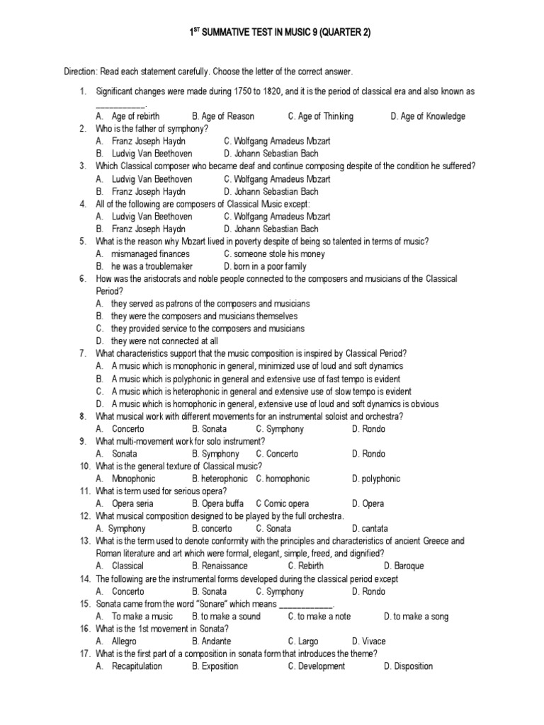 Music 9: Classical Era Quiz | PDF | Classical Period (Music ...