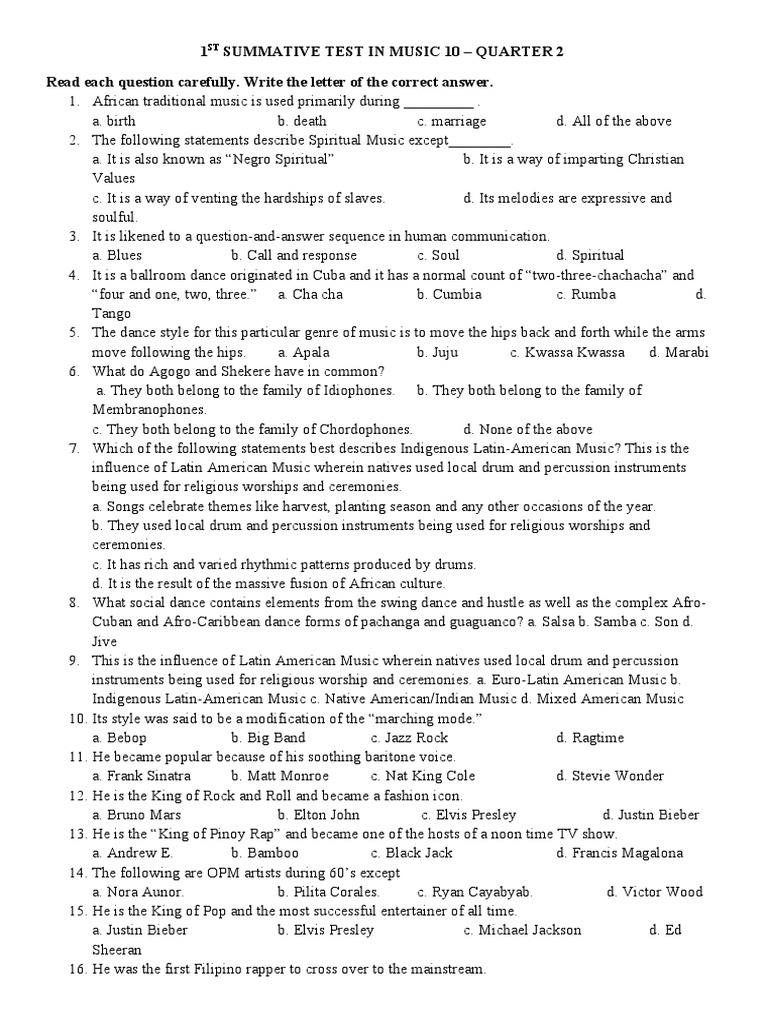 1st Summative Test in Music 10 Quarter 2 | PDF | Rhythm | Dances