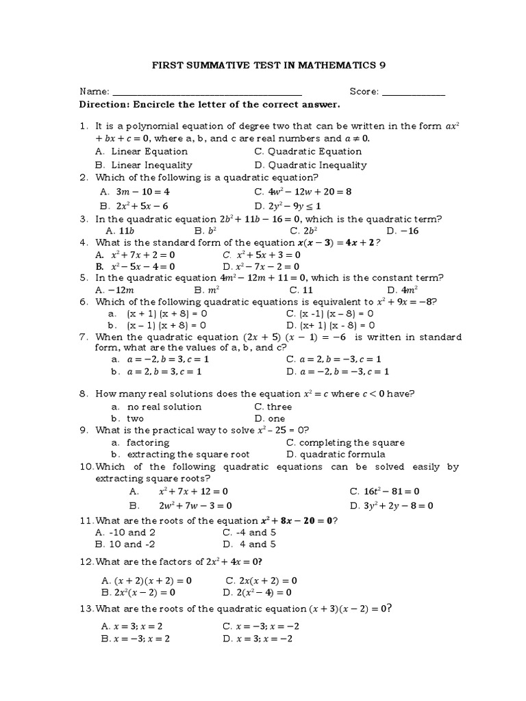 1st Summative Test Math 9 | PDF | Quadratic Equation | Equations