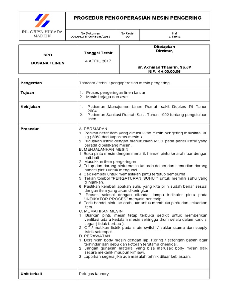 Sop Mesin Pengering | PDF