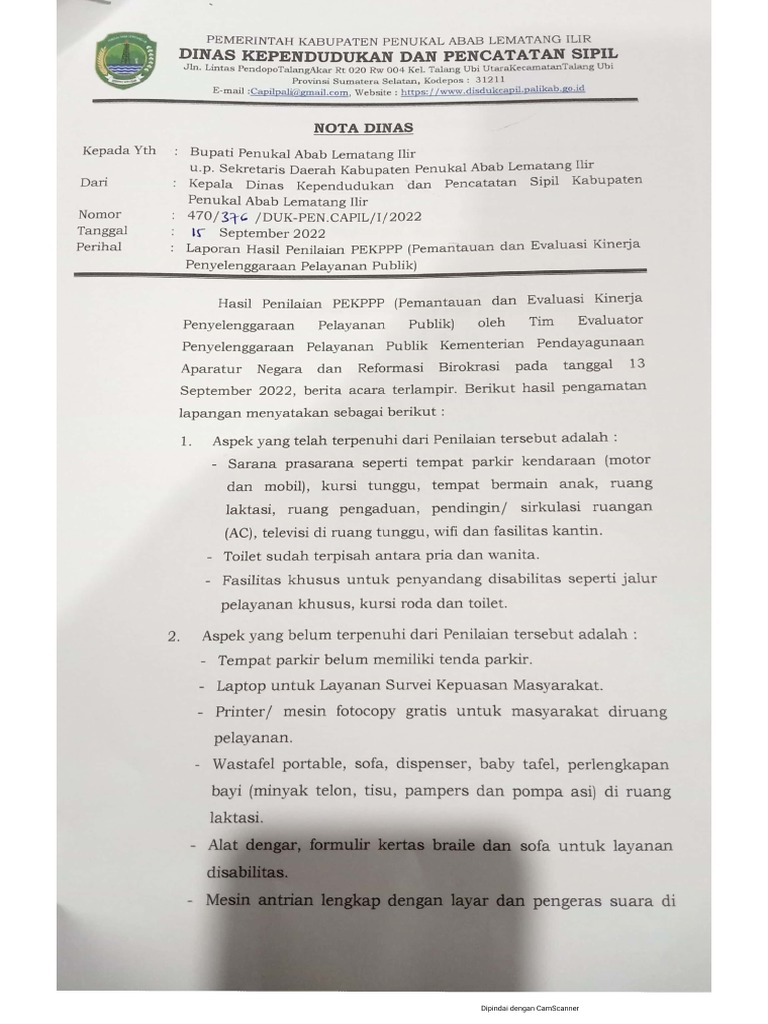 Nota Dinas Laporan Hasil Penilaian PEKPPP | PDF