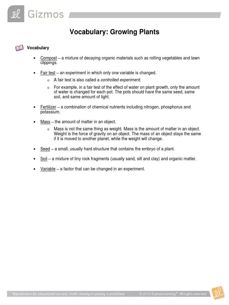 Growing Plants Gizmo Vocab Cheat Sheet Pdf 