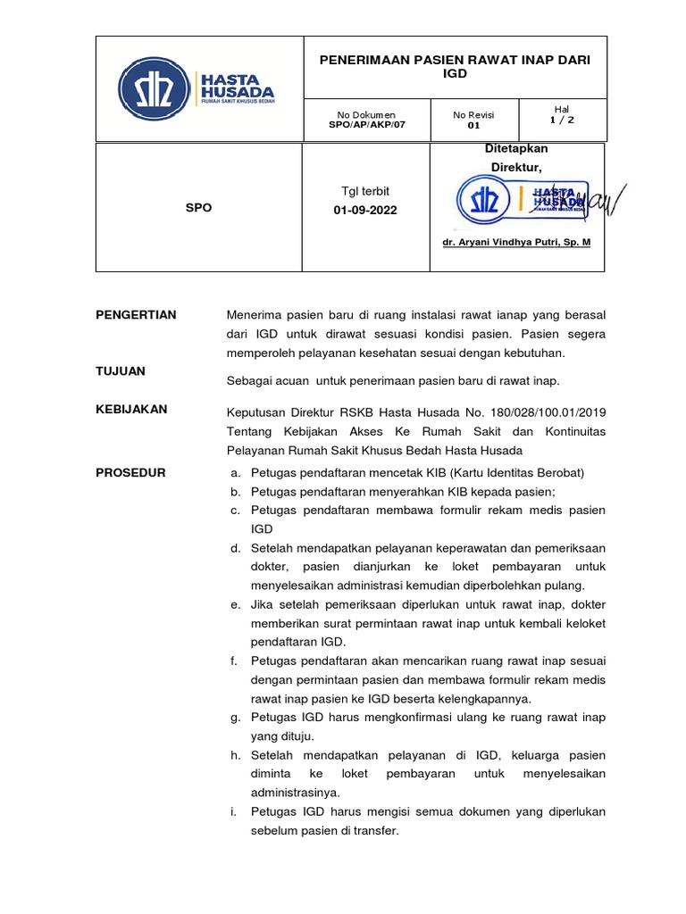 Sop Penerimaan Pasien Rawat Inap Dari Igd | PDF