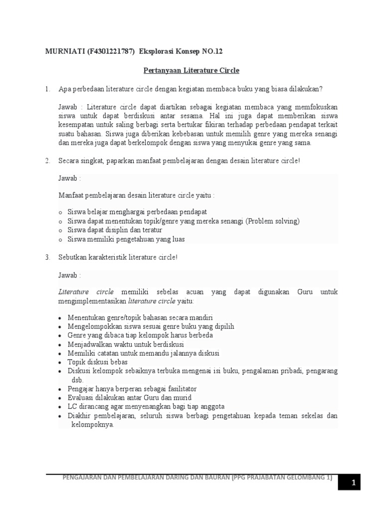 Eksplorasi Konsep NO. 12 Pertanyaan Literature Circle Siklus 1 Daring ...