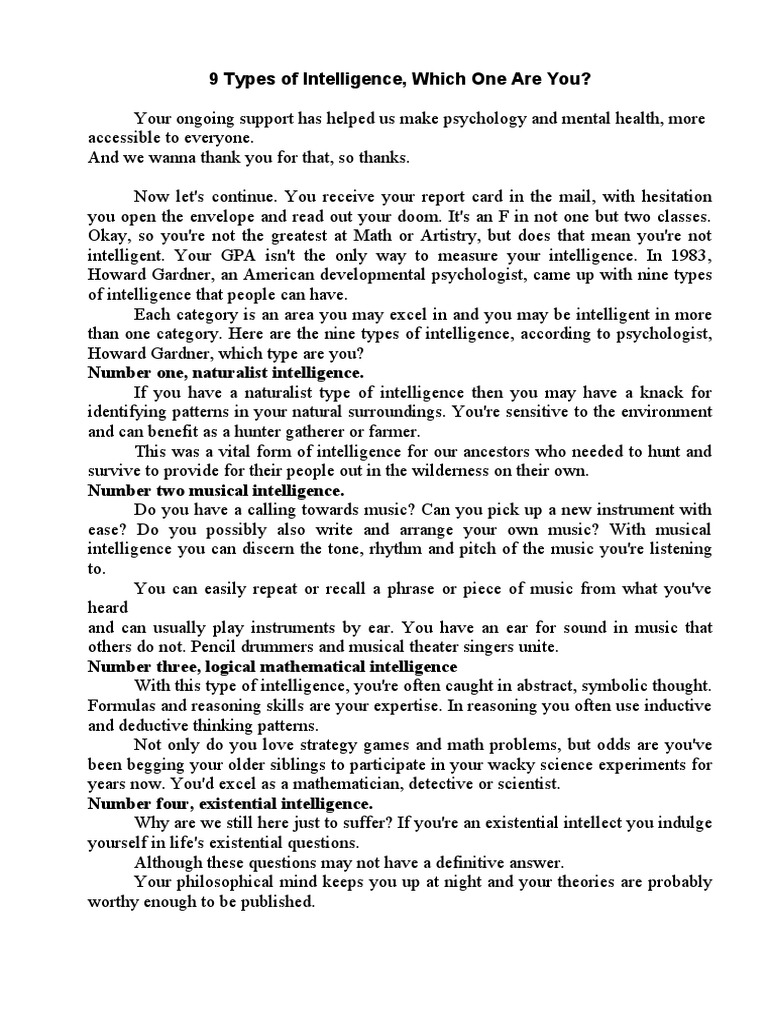 9 Types of Intelligence | PDF | Thought | Intelligence