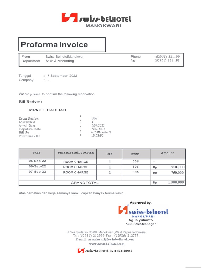 Bill Hotel Swiss Manokwari Siti Hadijah | PDF