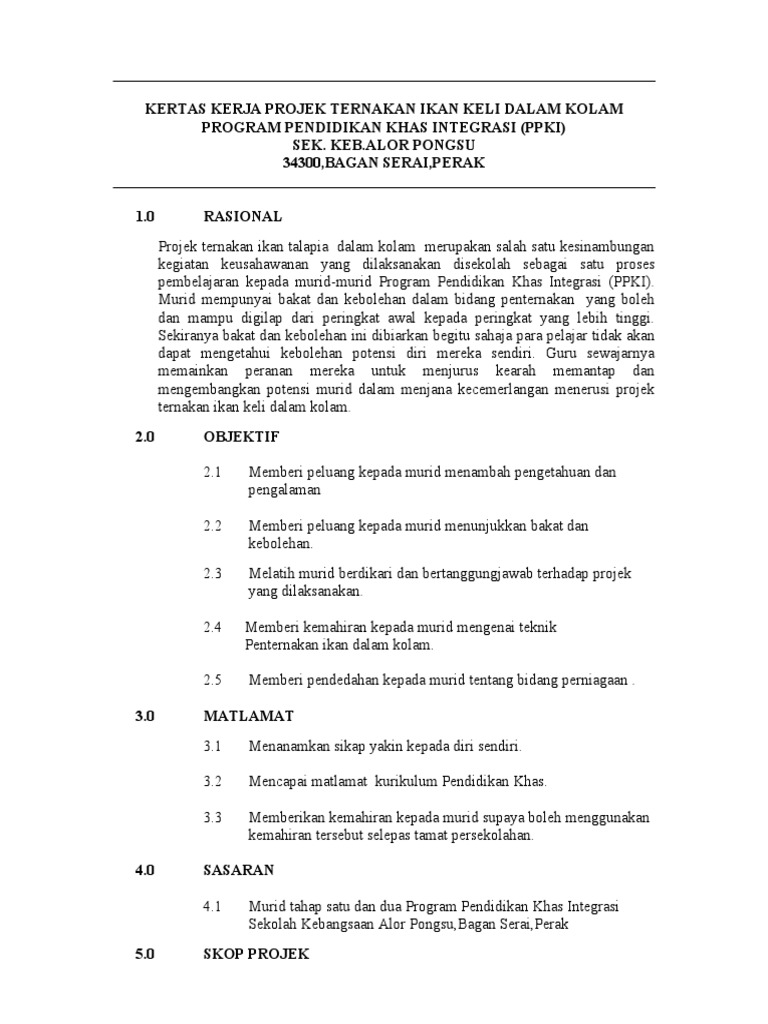 Kertas Kerja Ternakan Ikan Keli Dalam Kolam SMK Taman Tuanku Ja Afar 2012 | PDF