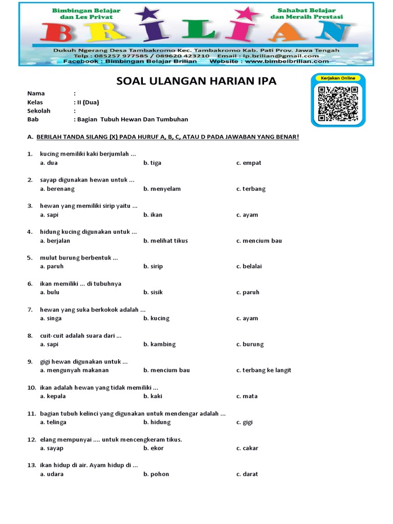 Soal IPA Kelas 2 SD Bab 1 Bagian Tubuh Hewan Dan Kunci Jawaban | PDF