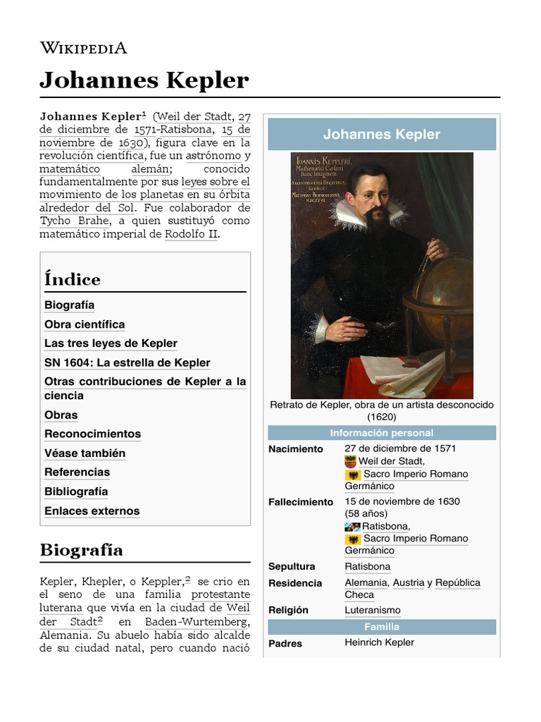 Johannes Kepler - Wikipedia, La Enciclopedia Libre | PDF | Johannes ...