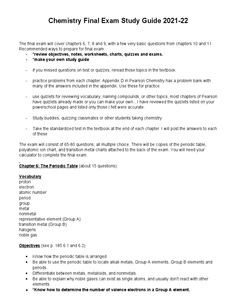 Chemistry Final Exam Study Guide 2021-22 | PDF | Ion | Chemical Compounds