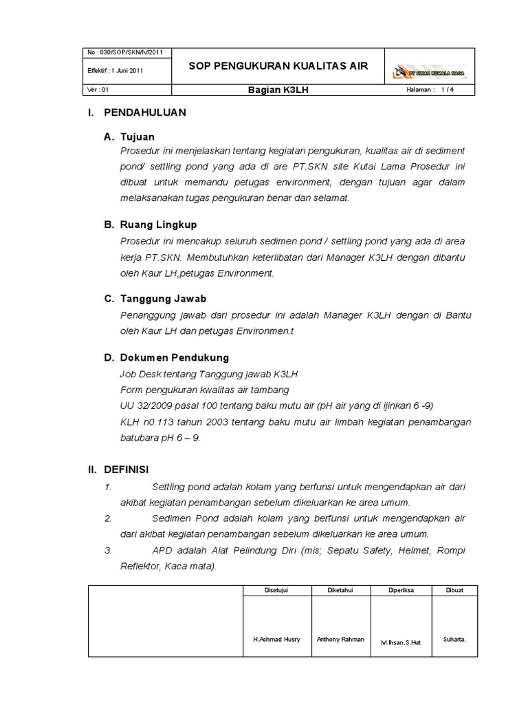 K3LH 01.SOP-Mengukur Kualitas Air Tambang | PDF