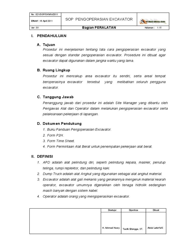 Sop - Pengoperasian Excavator | PDF