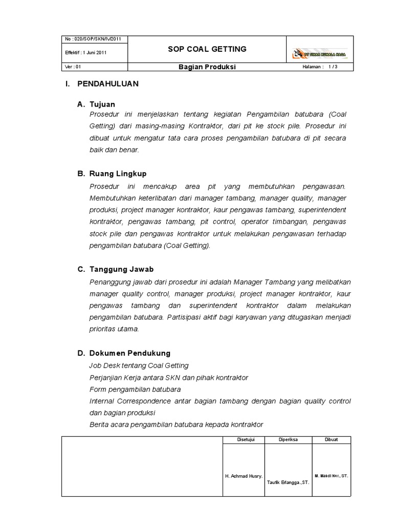 SOP Coal Getting | PDF