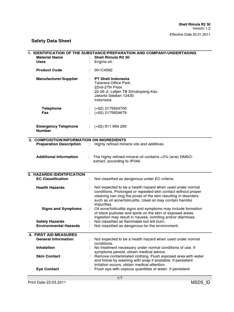 MSDS Shell Rimula R2 30 - 080811 | PDF | Personal Protective Equipment ...