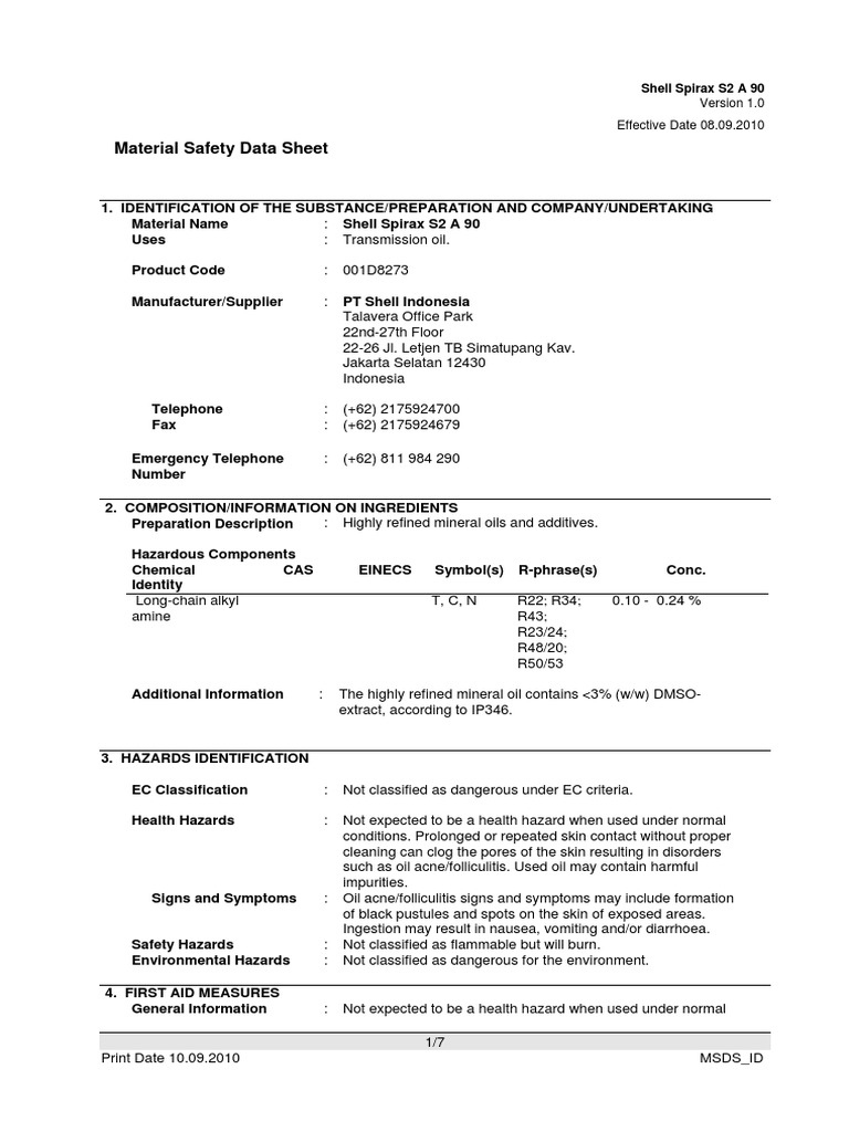 MSDS Shell Spirax S2 A90 - 080811 | PDF | Personal Protective Equipment ...