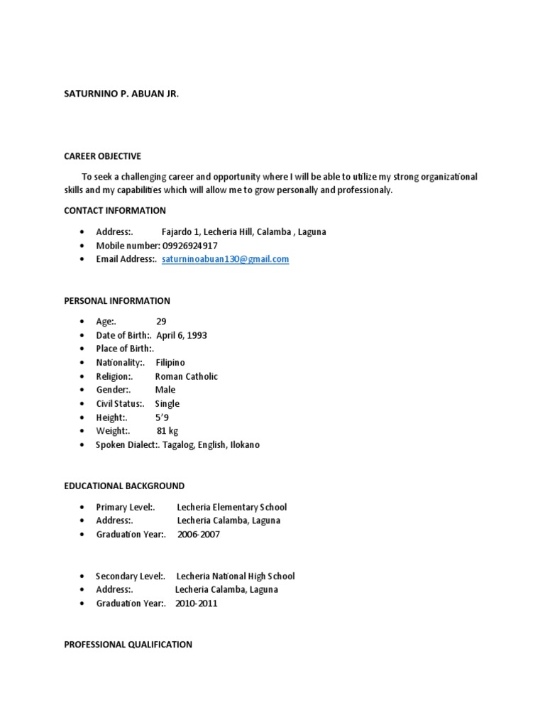 Saturnino Abuan Jr. Resume Overview | PDF | Wellness
