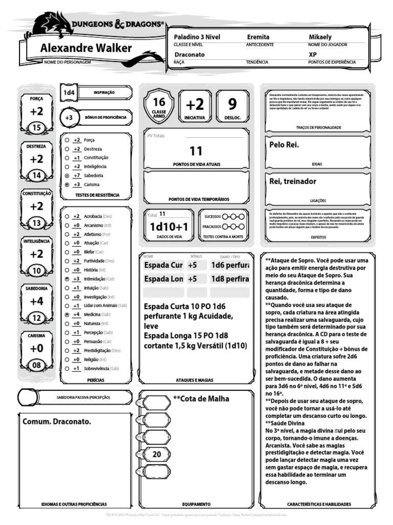 Alexandre Walker Ficha Tecnica DD 5e Completc3a1vel PT 1 | PDF