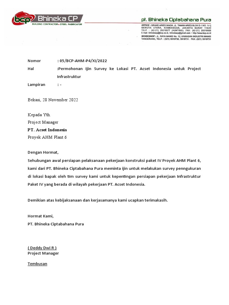 Permohonan Ijin Survey Lokasi Proyek Infrastruktur AHM Plant 6 | PDF