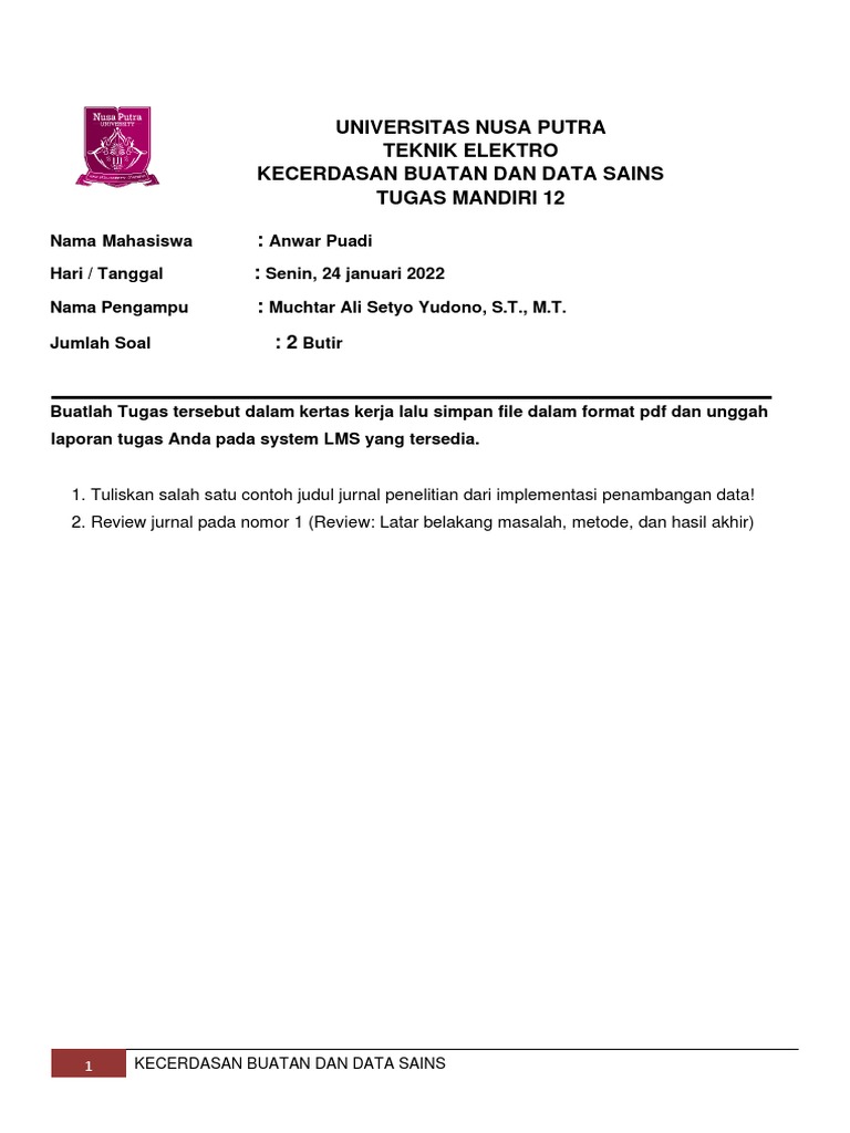 Tugas 12 - Kecerdasan Buatan Dan Data Sains | PDF