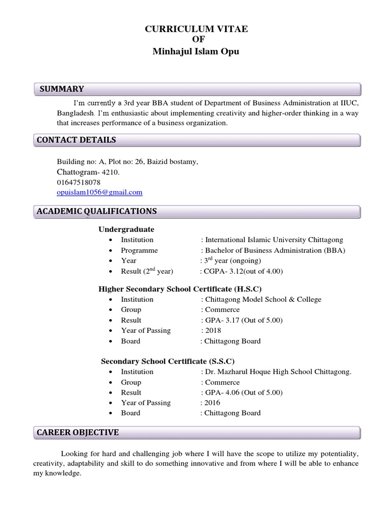 Curriculum Vitae Minhajul Islam Opu: Chattogram | PDF | Learning