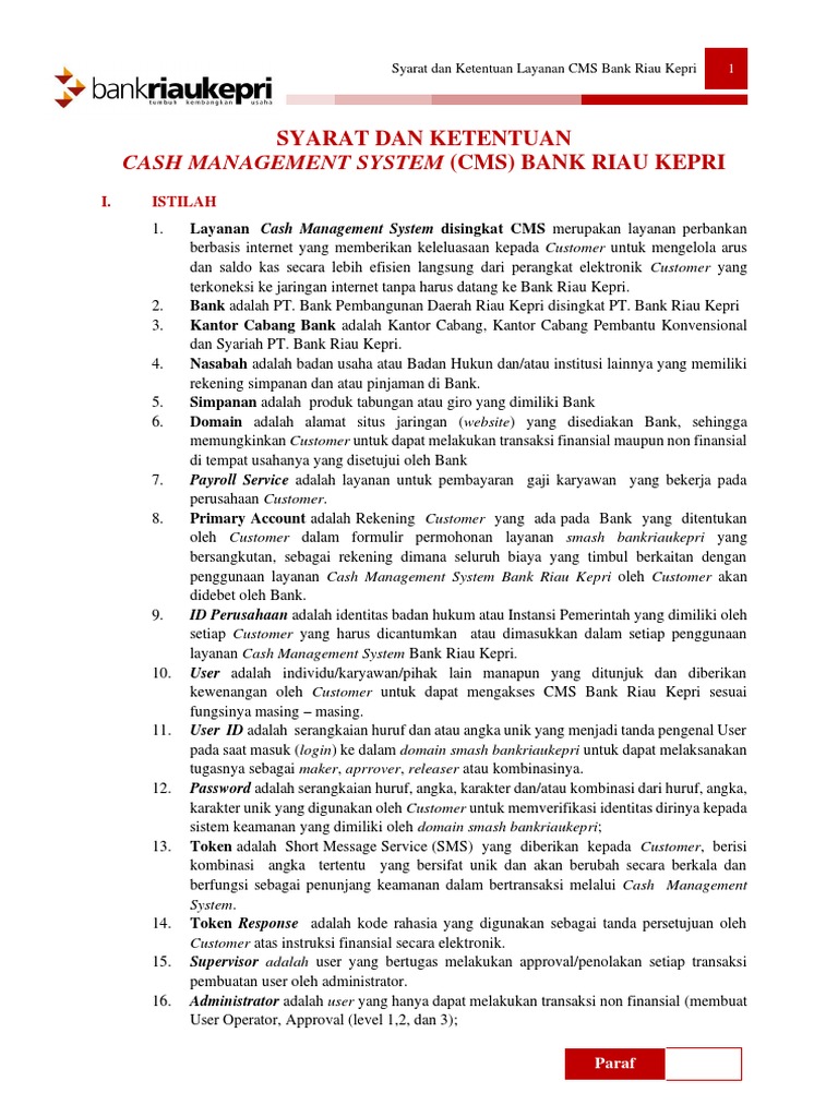 Syarat Dan Ketentuan CMS Bank Riau Kepri | PDF | Pengelolaan Keuangan ...