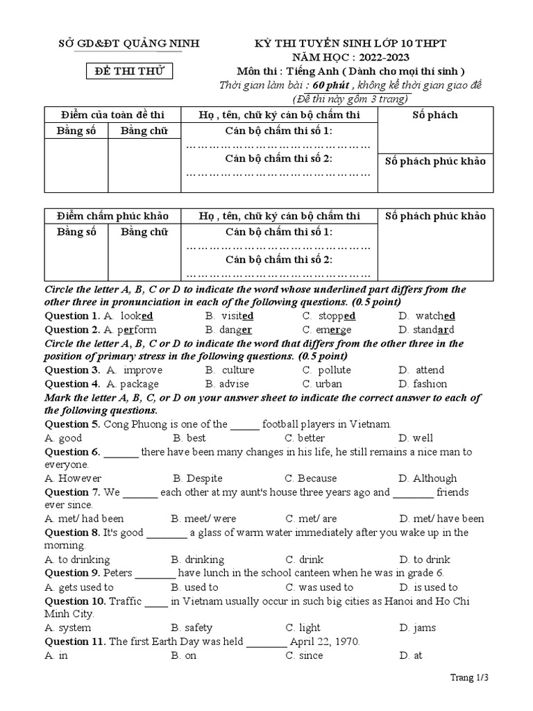 De Thi Vao 10 Form Moi Quang Ninh Mon Tieng Anh 20222023 | PDF | Vietnam