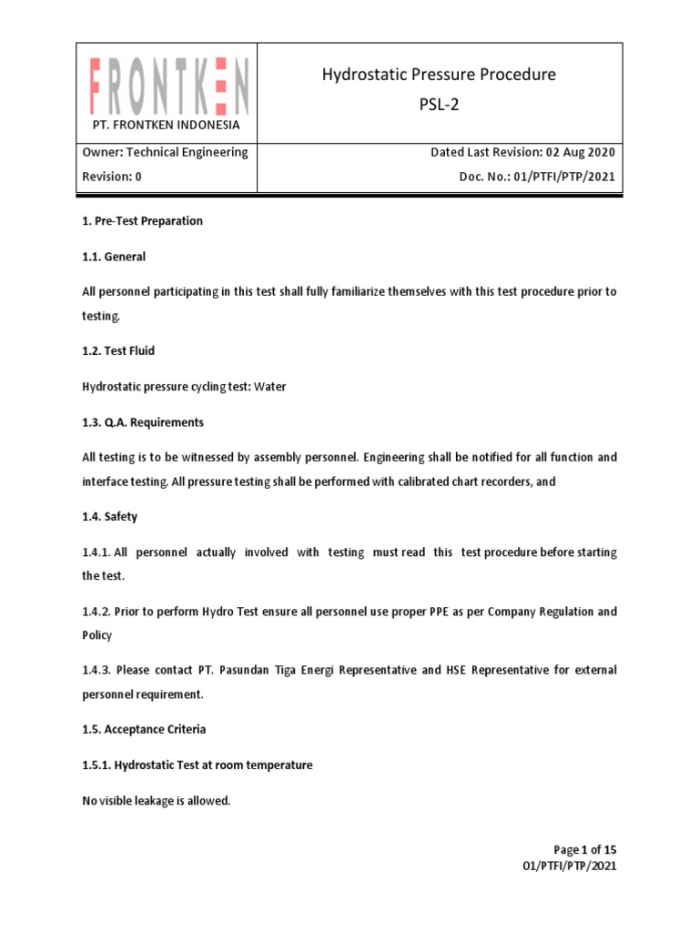 Hydrostatic Pressure Testing Procedure | PDF | Valve | Pressure