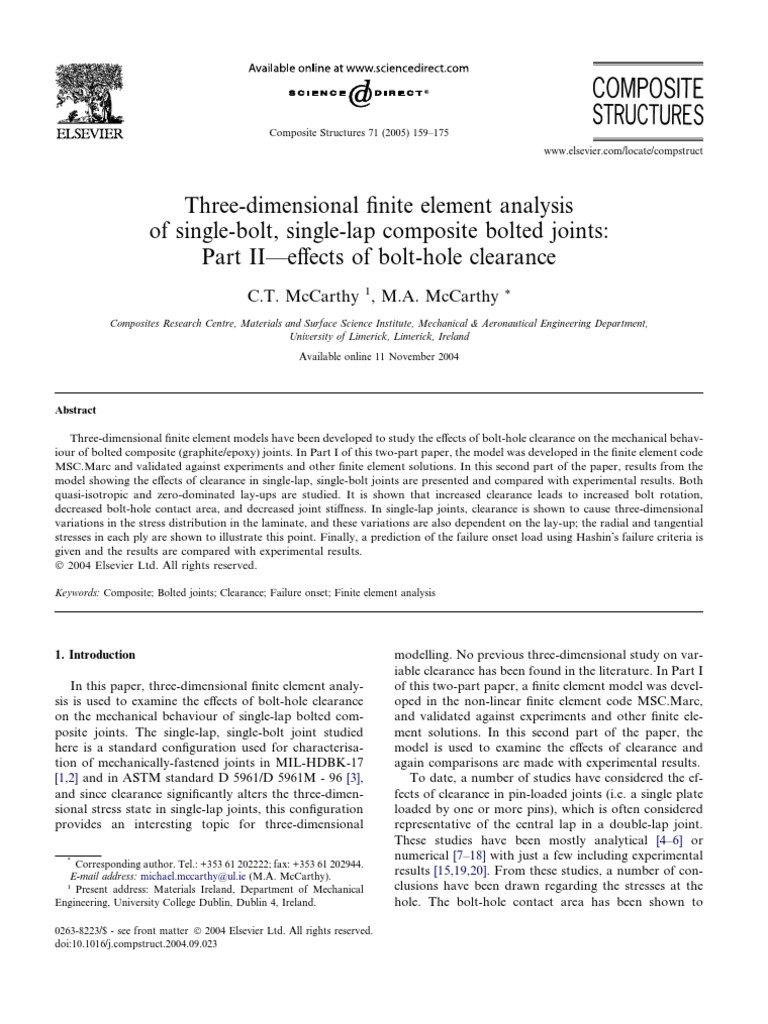 Three-Dimensional Finite Element Analysis of Single-Bolt Single-Lap Composite Bolted Joints Part ...