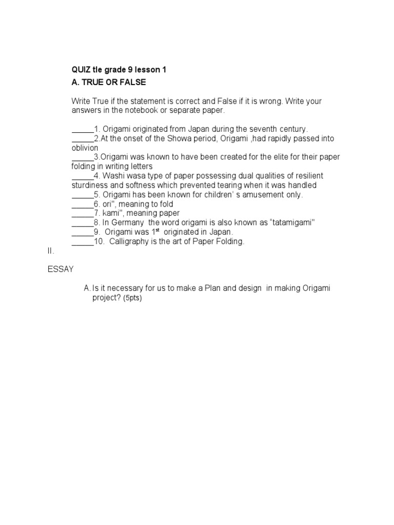 QUIZ Tle Grade 9 Lesson 1 | PDF | Art