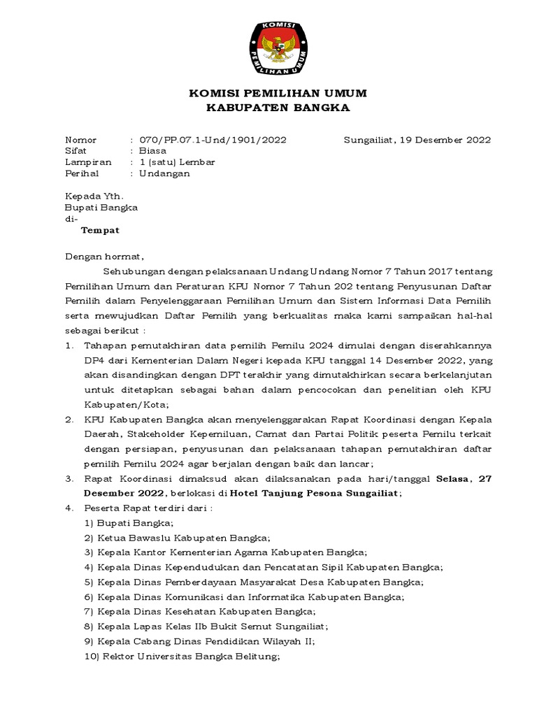 Undangan Rapat Koordinasi Pemilu 2024 | PDF