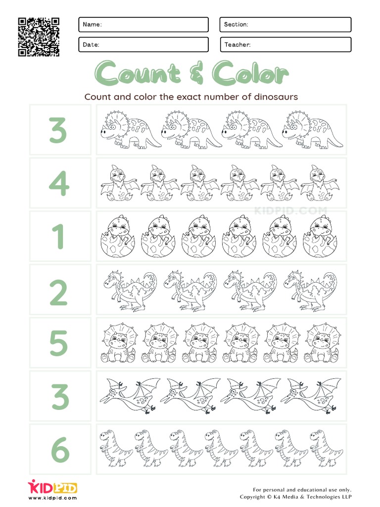 Count Color Dinosaur Worksheets For Kids | PDF