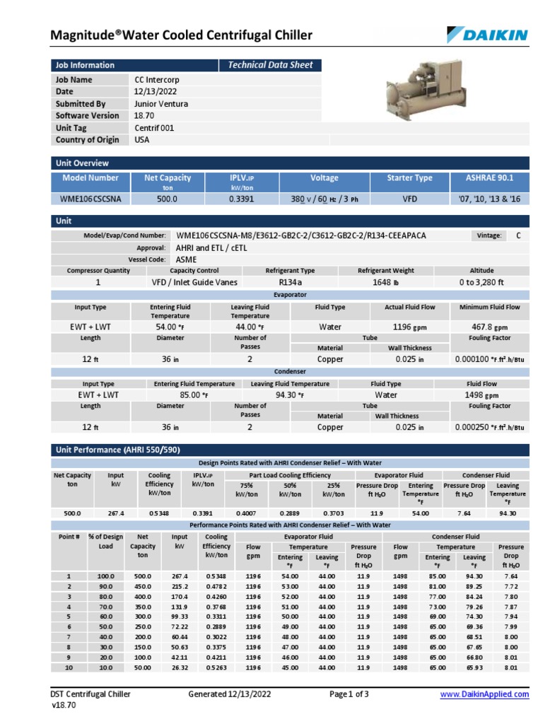 CHILLER MAGNÉTICO VFD Water Cooled 500 TR - Technical Data Sheet | PDF ...
