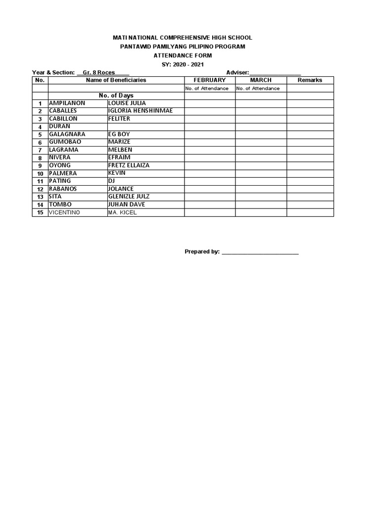 4PS Attendance Form 2020 21 | PDF