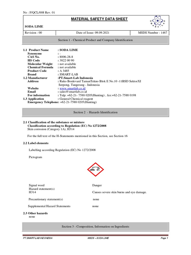 MSDS Soda Lime | Download Free PDF | Toxicity | Personal Protective ...