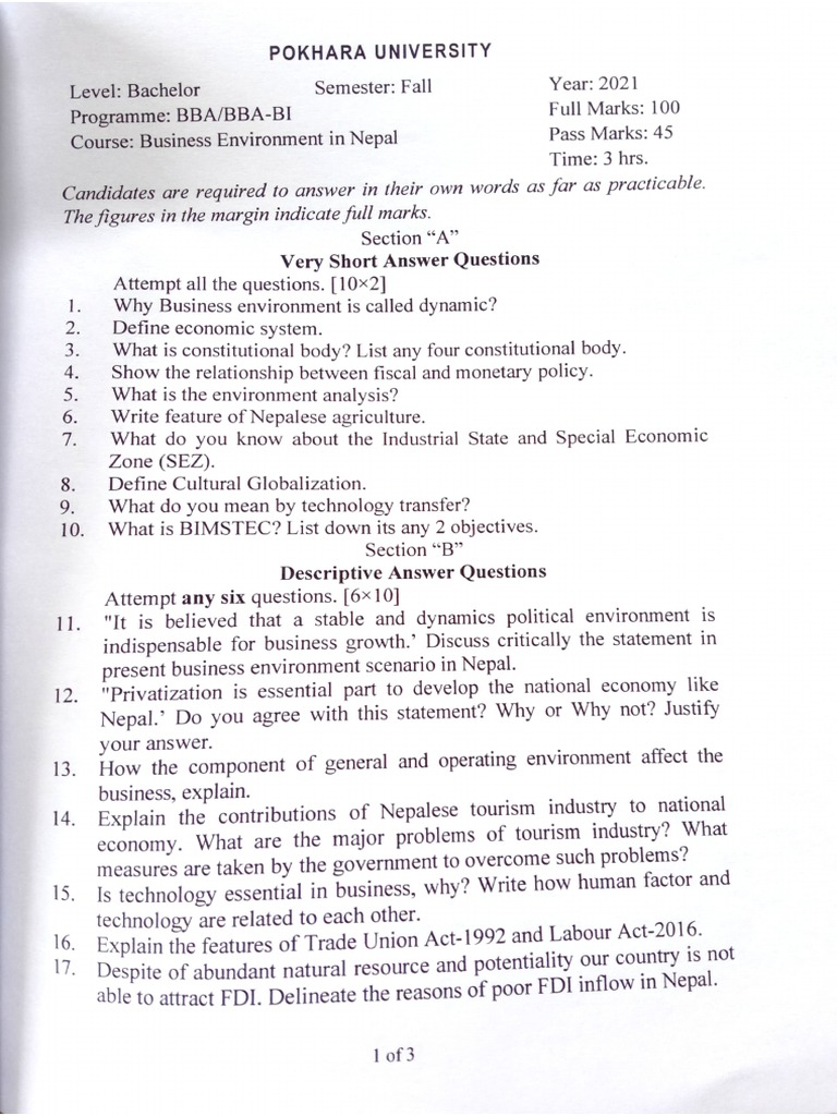 Business Environment in Nepal Previous Year Question Paper 2021 | PDF