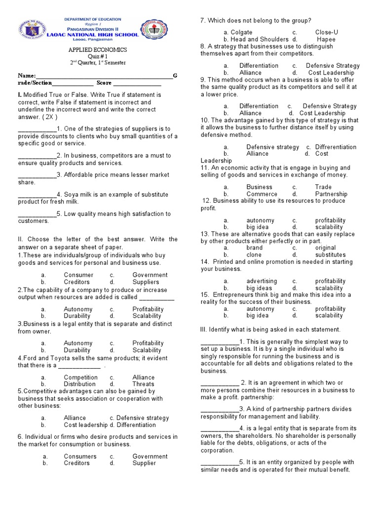 Applied Economics 2nd QRTR Quiz 1 | PDF | Partnership | Economies