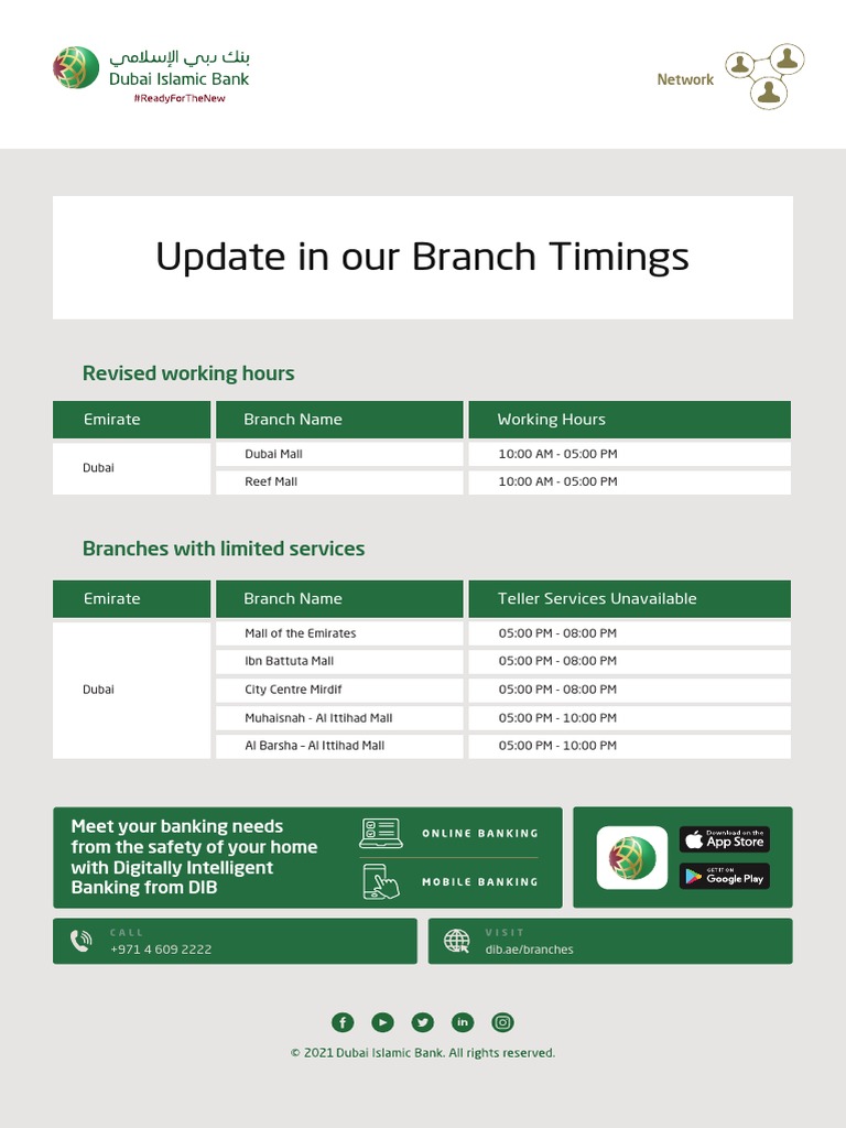 DIB Branch Timings Update in Dubai | PDF | Finance & Money Management