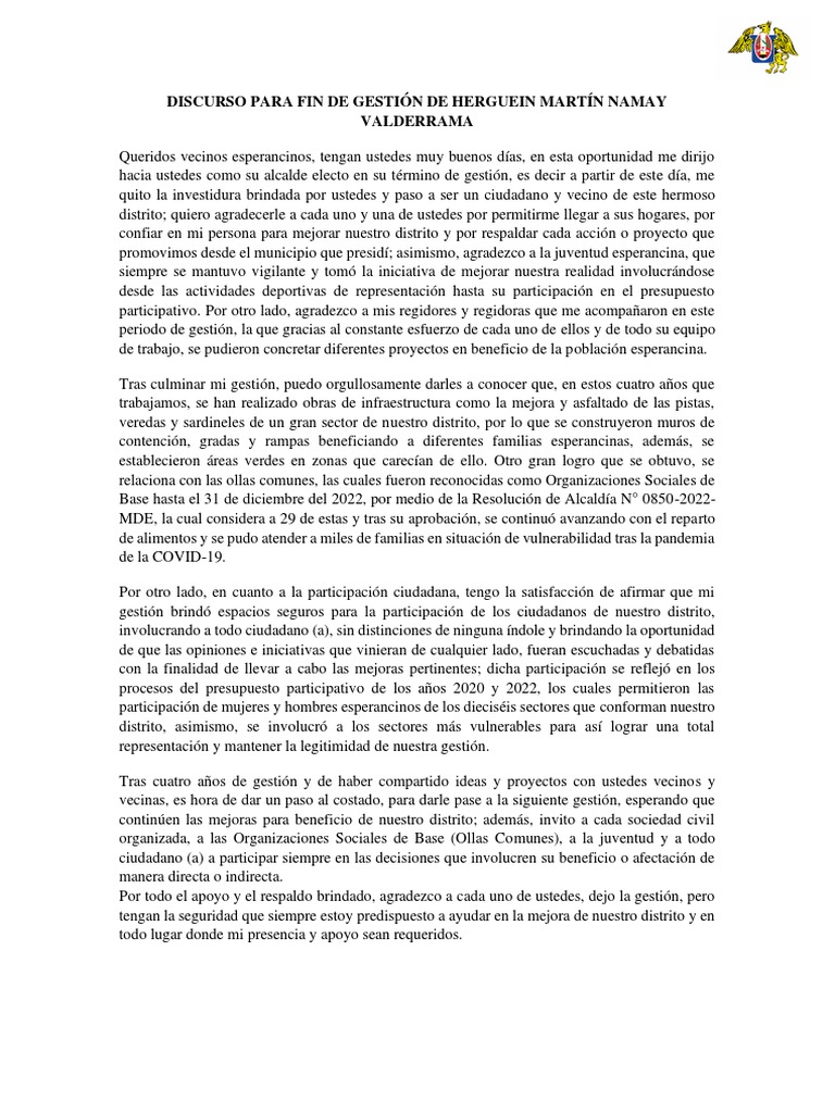 Discurso de despedida de Martín Namay Valderrama | PDF | Ciudadanía