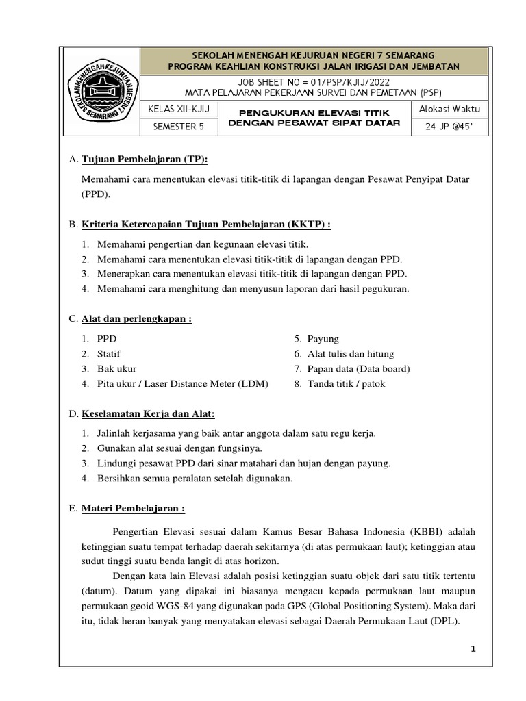Job Sheet PSP KELAS XII-KJIJ Pengukuran Elevasi Titik Dengan PPD | PDF