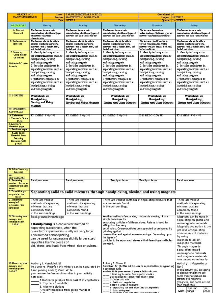 WEEK7 DLL SCIENCE 1 | PDF | Mixture | Magnetism