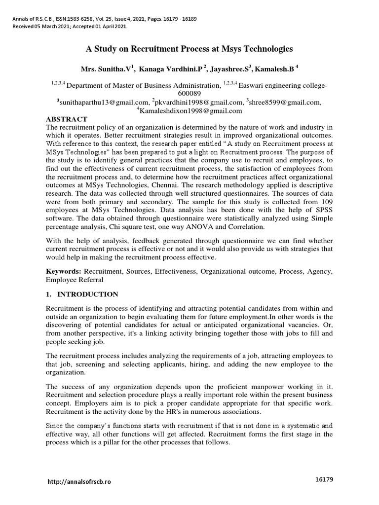 A Study On Recruitment Process at Msys Technologies | PDF | Recruitment | Employment