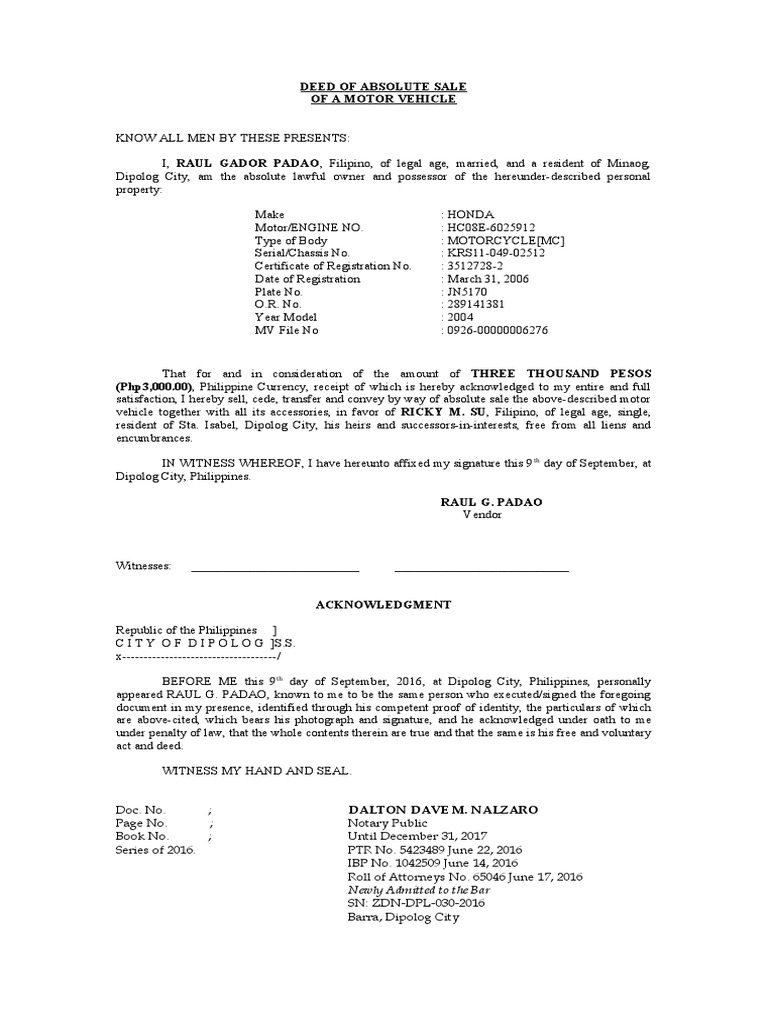 Deed of Sale - MC Padao | PDF | Civil Law (Common Law) | Common Law