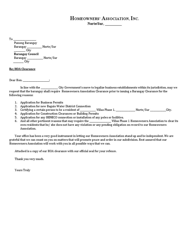 Letter To Barangay For Clearances | PDF