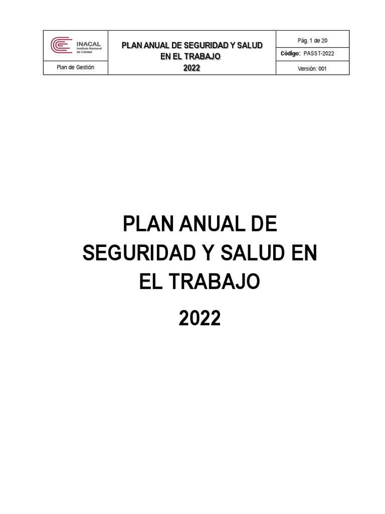 Plan Anual de Seguridad y Salud en El Trabajo INACAL 2022 - CSST | PDF | Calidad (comercial ...